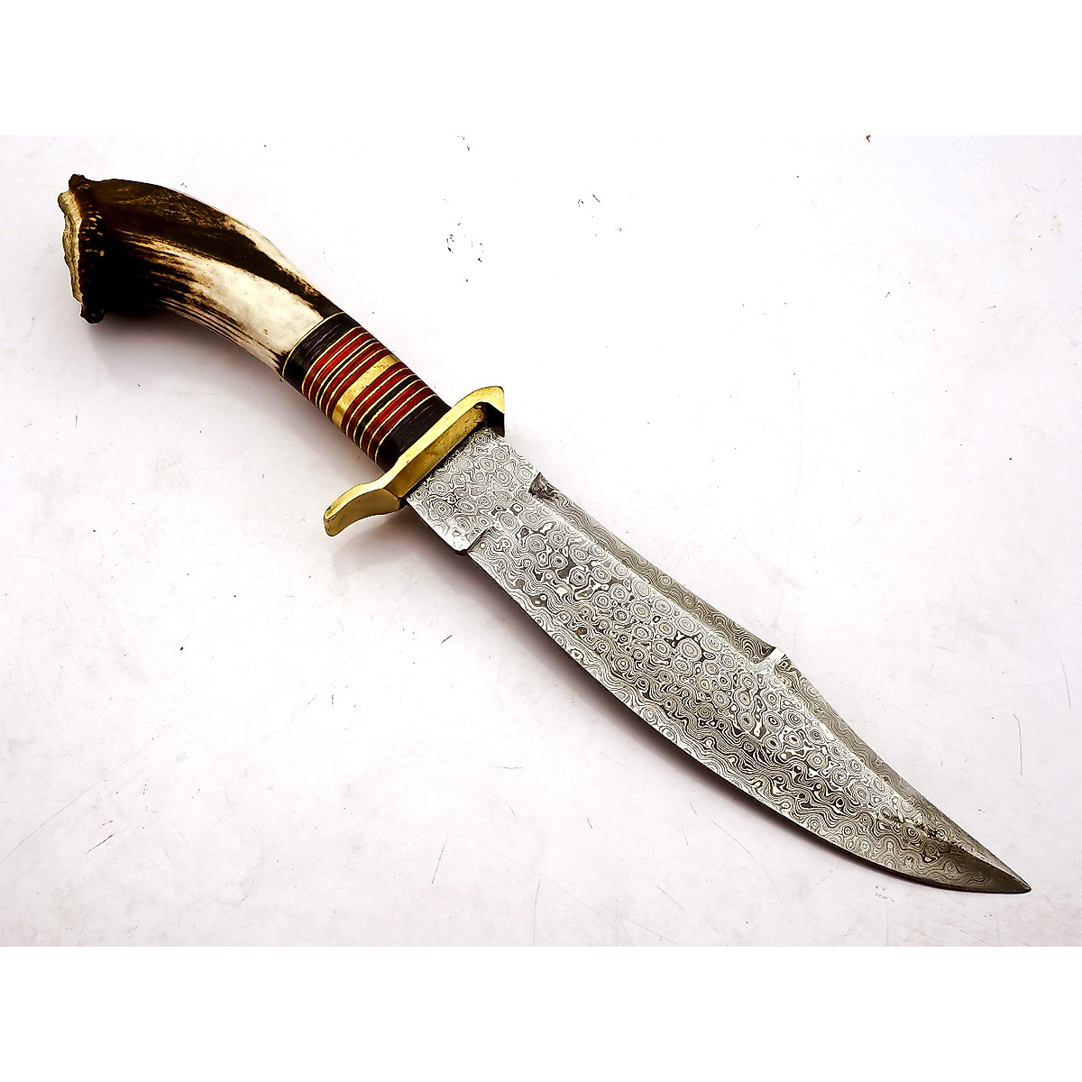 Skokie Knives Custom Hand Made Damascus Steel Hunting Knife Handle Stag Antler With Brass Spacer