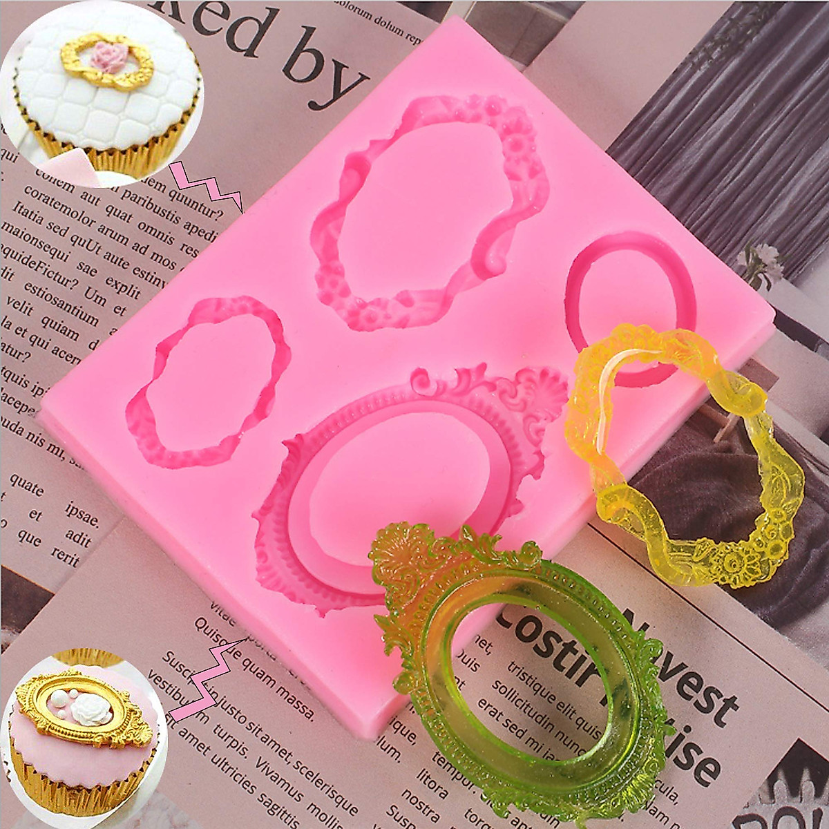 3 Pieces Pink Picture Frames Silicone Mold for Cake Decorating Sugar Gum Paste Chocolate Cookies Resin Polymer Clay