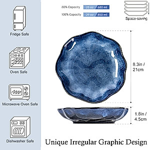 Ceramic Bowls Set for Pasta, Salad, Cereal, Dessert - 8 Inch Wide and Shallow Soup Plates, Serving Dishes Set of 4 Microwave, Dishwasher Safe, Blue