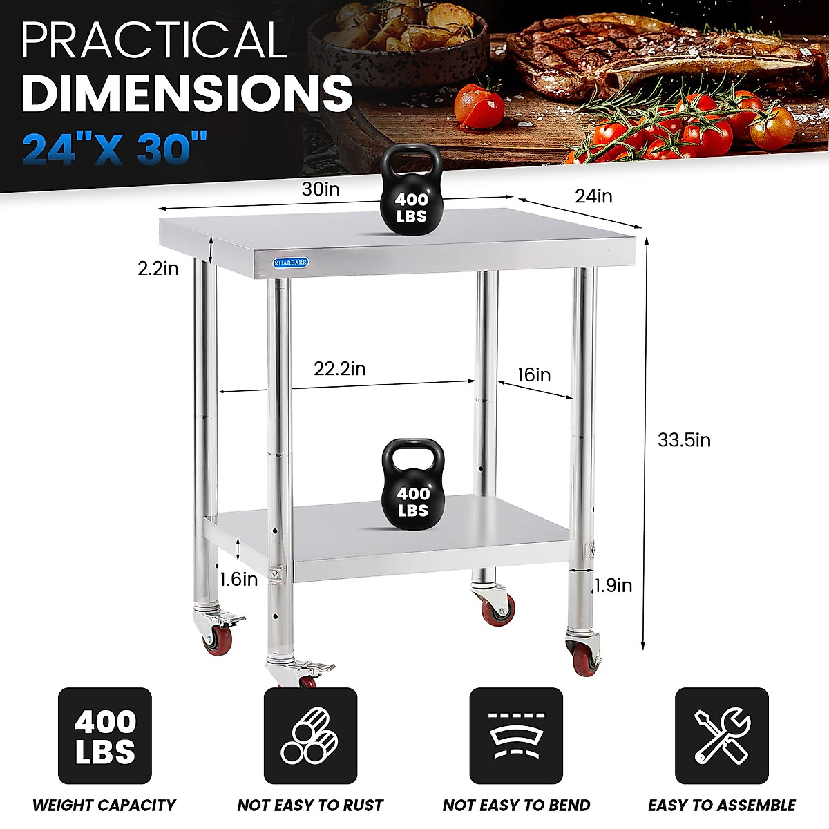 KUARBARR Stainless Steel Table for Prep & Work with 4 Caster Wheels with Adjustable Undershelf 24 x 30 NSF Metal Commercial Kitchen Worktable for Restaurant Home Outdoor