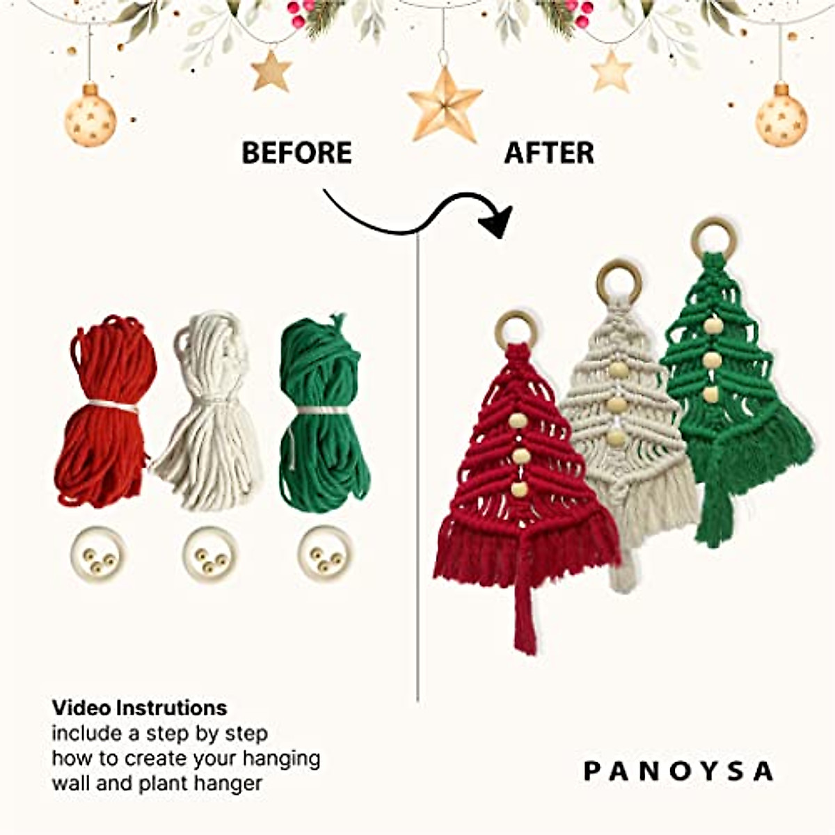 3 in 1 Macrame kit Adult Beginner: 3 DIY Christmas Macrame Tree, Crafts for Adults, Macrame Cord 3mm, Boho Christmas Decor, Macrame Kits for Adults with Written Instructions and Video Tutorials