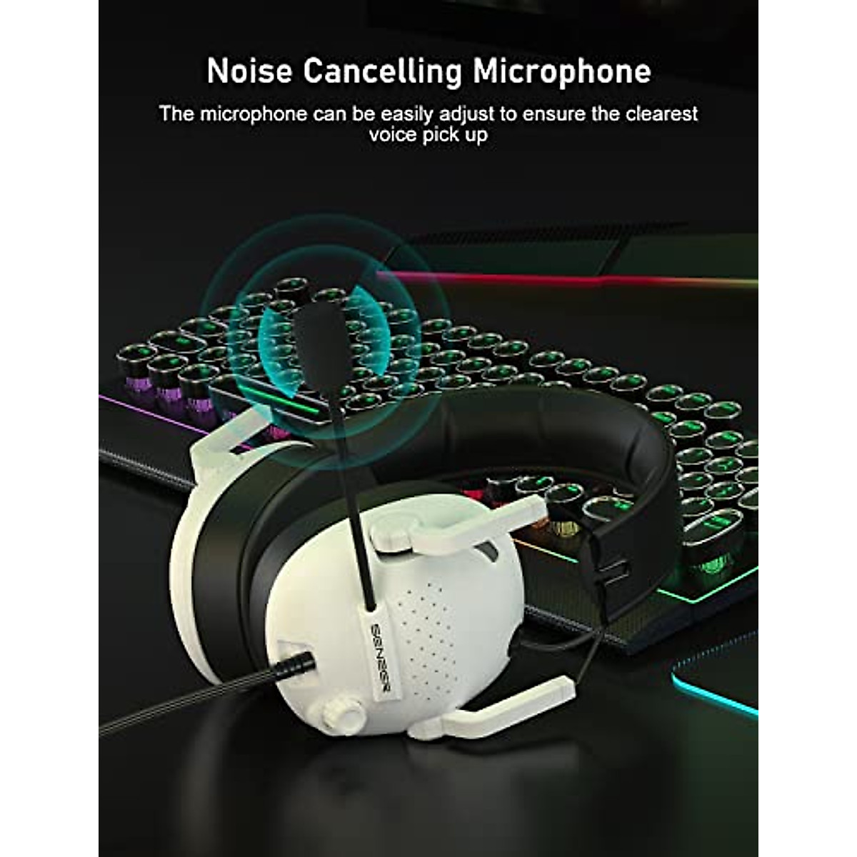 SENZER SG500 Surround Sound Pro Gaming Headset with Noise Cancelling Microphone - Detachable Memory Foam Ear Pads - Portable Foldable Headphones for PC, PS4, PS5, Xbox One, Switch - White