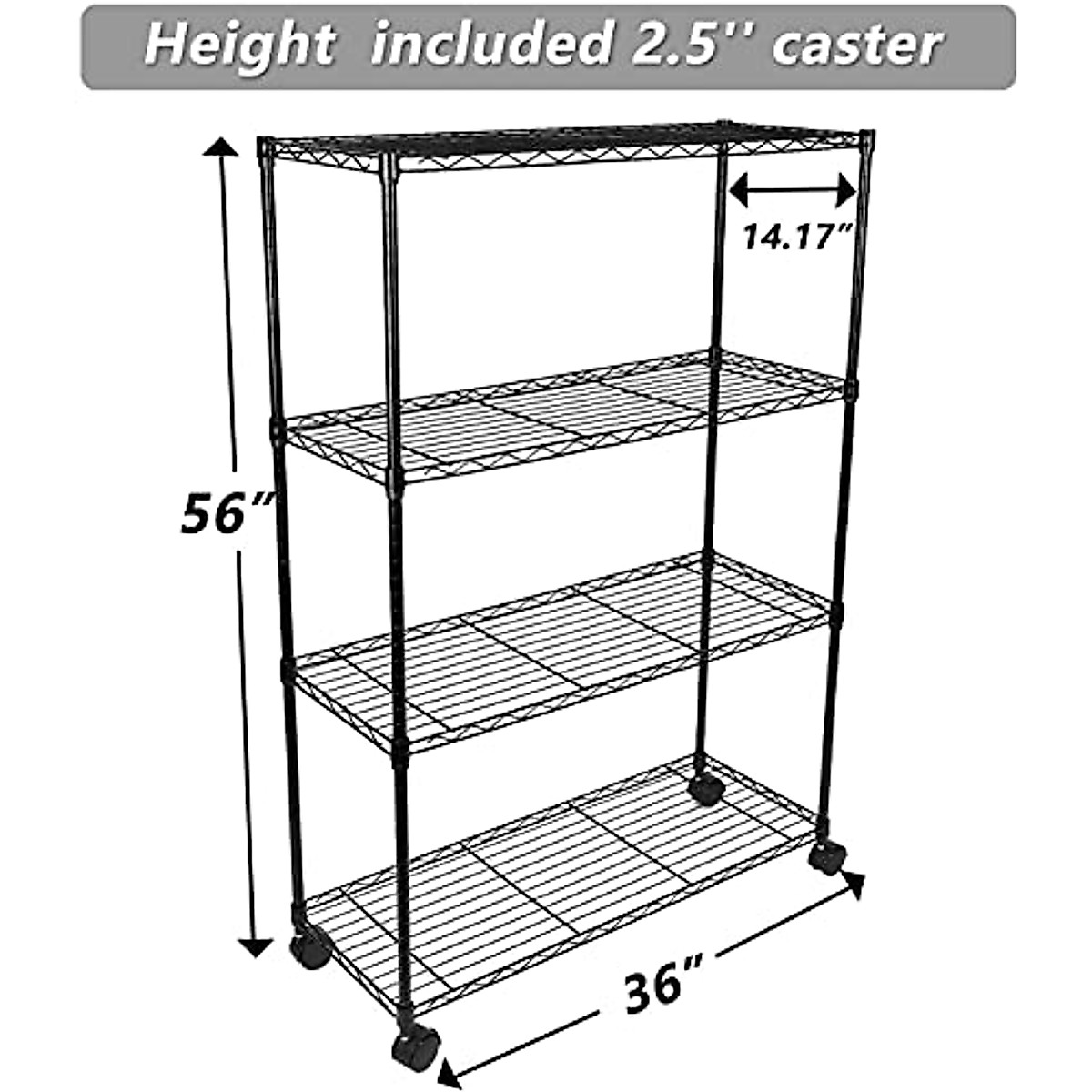 4-Tier Metal Heavy Duty Shelving Unit with Wheel, Storage Rack with Adjustable Feet, 36''W x14''D x54''H, Black