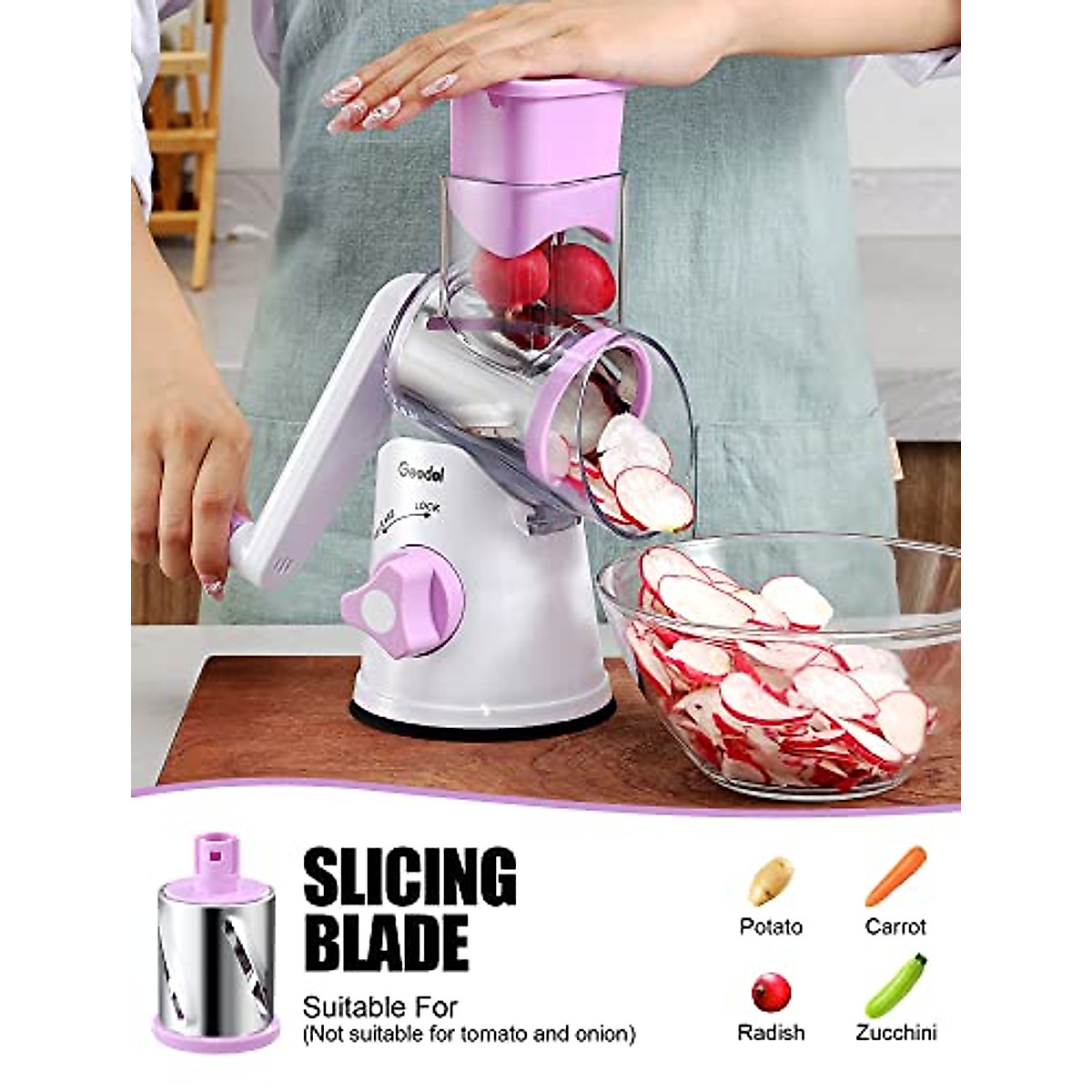 Geedel Rotary Cheese Grater, Kitchen Mandoline Vegetable Slicer with 3 Interchangeable Blades, Easy to Clean Rotary Grater Slicer for Fruit, Vegetables, Nuts