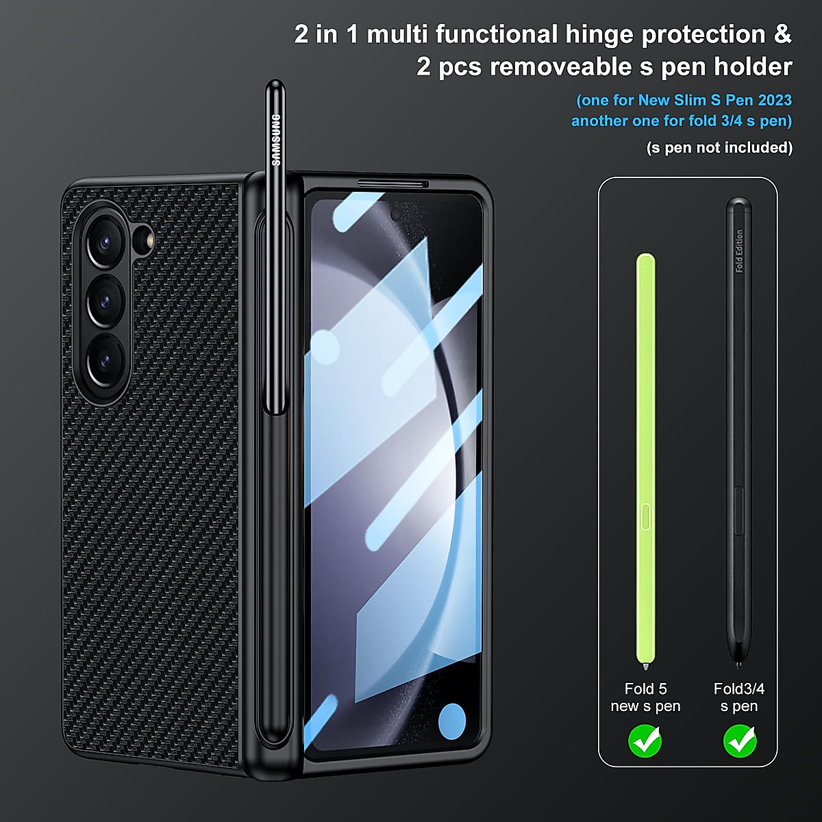 Libeagle Compatible with Samsung Galaxy Z Fold 5 Case, Support All Magsafe Accessories, Leather Back, Include Both Removable Old & New Slim S Pen Holder (2023) on Hinge,Cover 5G-Carbon Fiber