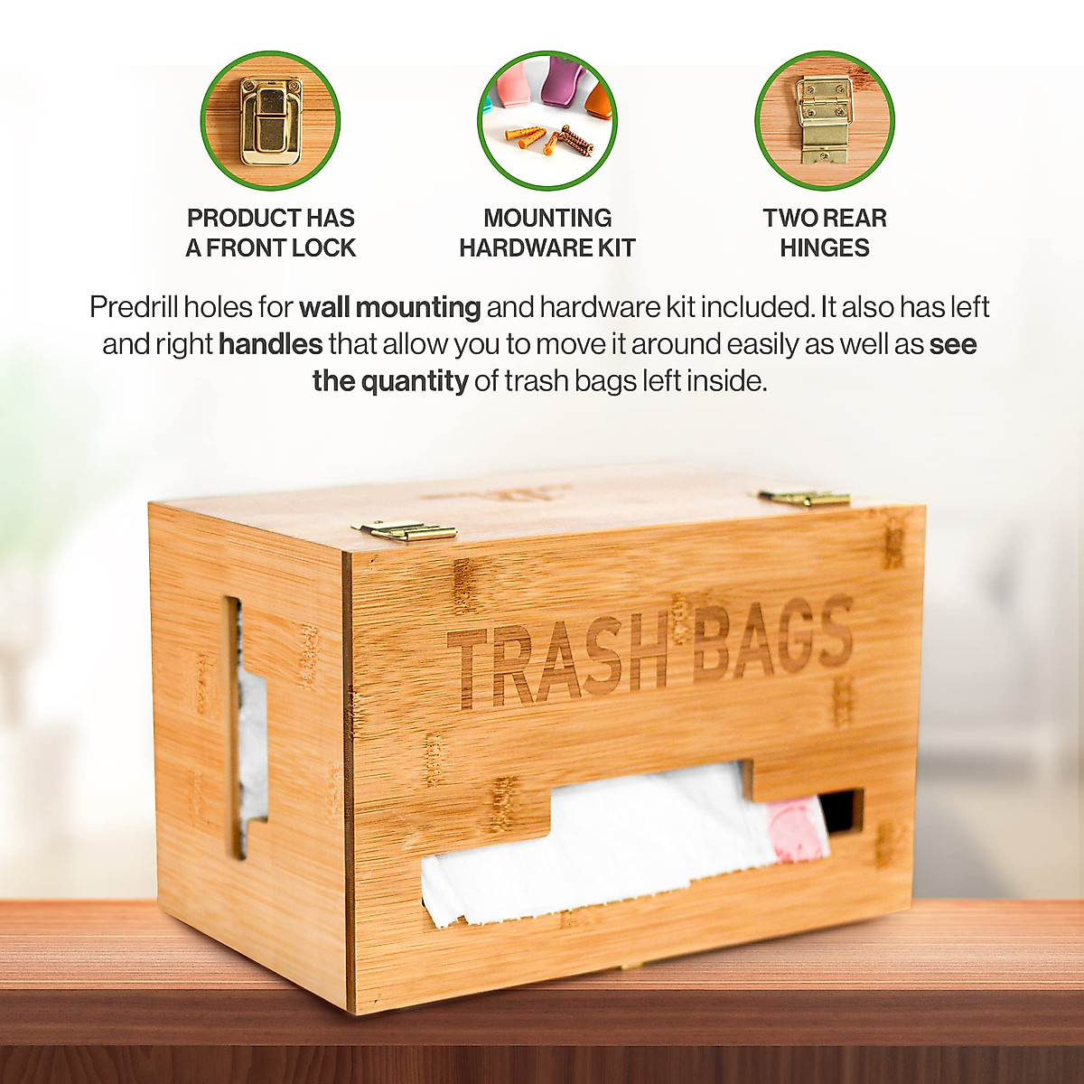 Trash Bag Dispenser – Extra Large Garbage Bag Roll Holder Storage Under Sink - Kitchen Bag Container Organizer - Includes Set of 4 Magnetic Clips