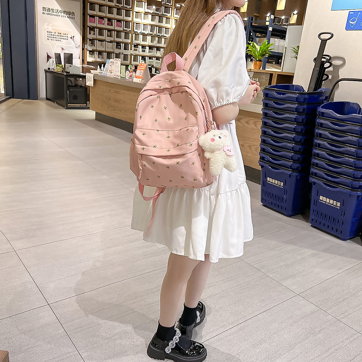 kakarin choyx Kawaii Backpack Mori Art Floral School Bag With Pendant 12.2 Inch Aesthetic Backpack Cute Backpack Medium School Bag (Pink, Middle)