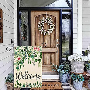 ORTIGIA Welcome Spring Floral Garden Flag Vertical Double Sided 12x18inch Wedding Birthday Flowers Yard Flag for Outside Farmhouse Holiday Green Leaves Anniversary Wedding Yard Lawn Outdoor Decoration