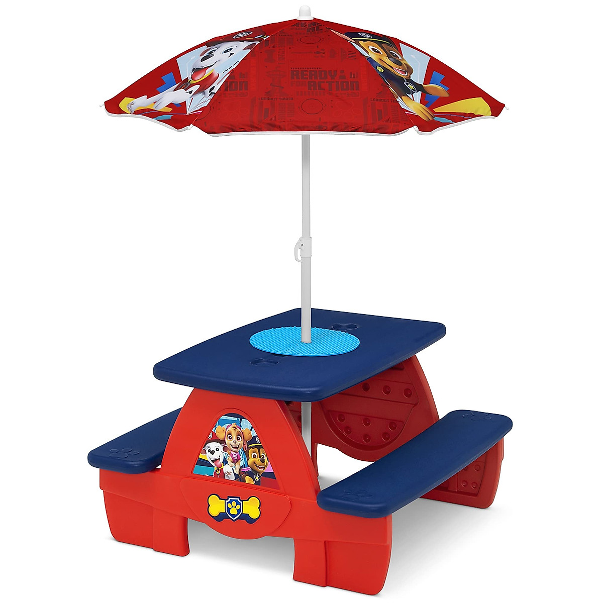 Delta Children 4 Seat Activity Picnic Table with Umbrella and Lego Compatible Tabletop, PAW Patrol