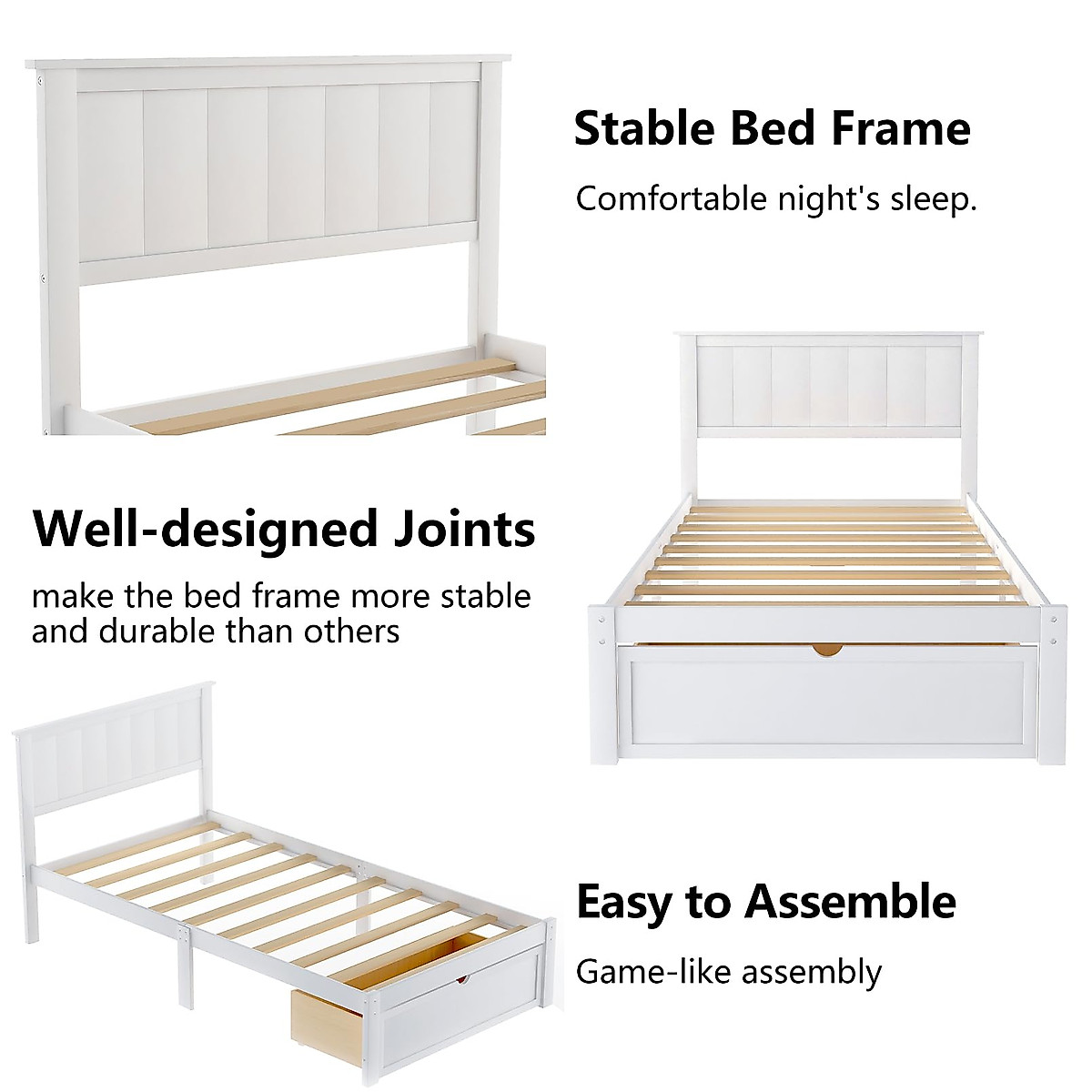 Twin Size Country Wooden Platform Bed Frames with Large Storage Drawers/Headboard, Modern Simple Platform Bed with Solid Wood Slat for Bedroom Small Living Space Boys Girls, Under Bed Storage, White