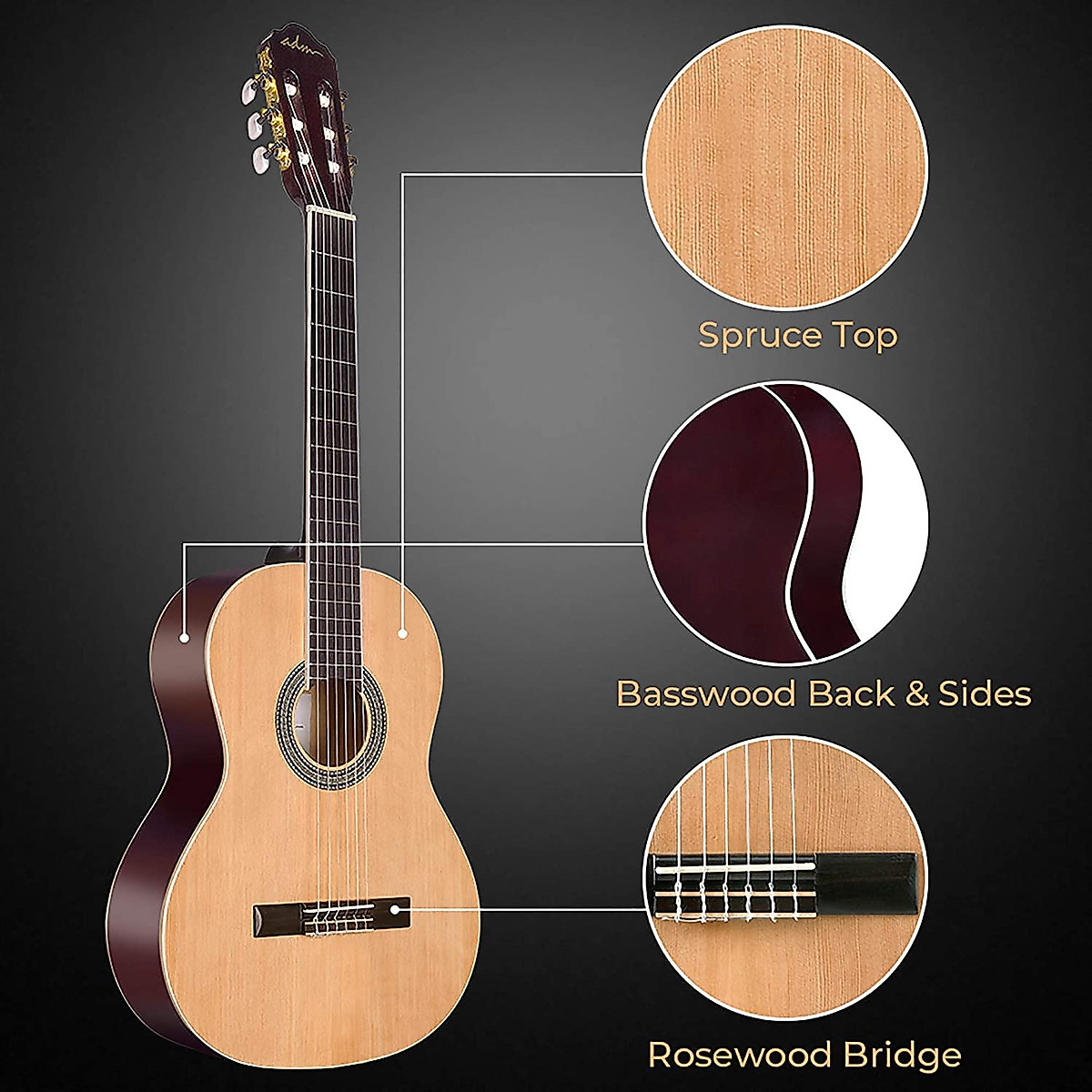 ADM Full Size Classical Nylon Strings Acoustic Guitar 39 Inch Classic Guitarra Starter Bundle for Adult with Free Lessons, Gig Bag, Tuner, Footstool, Kids Student Beginner Kits, Nature
