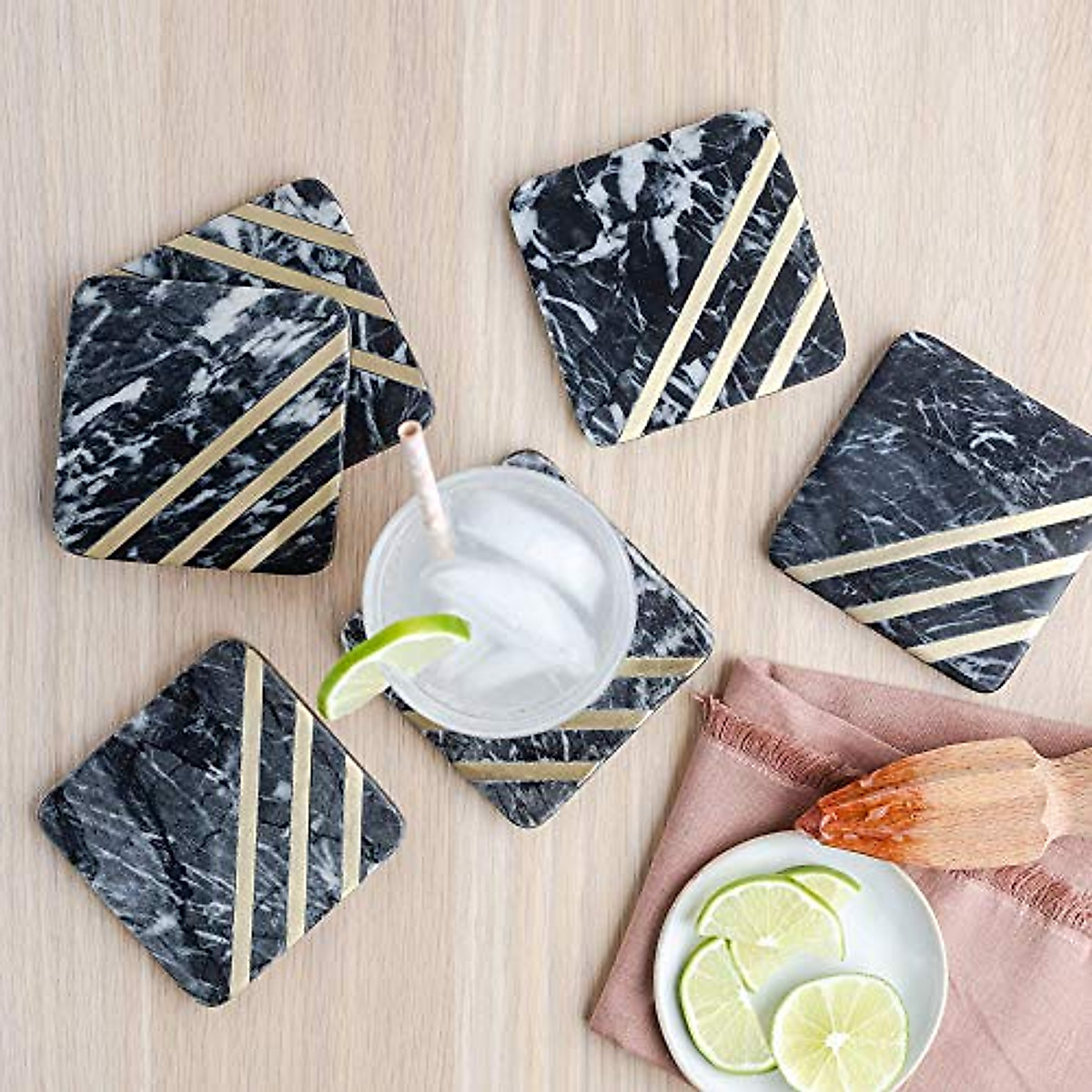 Cork & Mill Marble Coasters for Drinks - Handcrafted Modern Coasters - Square Drink Coasters - Black Marble Coasters with Gold Brass Inlay - Made from Real Solid Marble - Set of 6