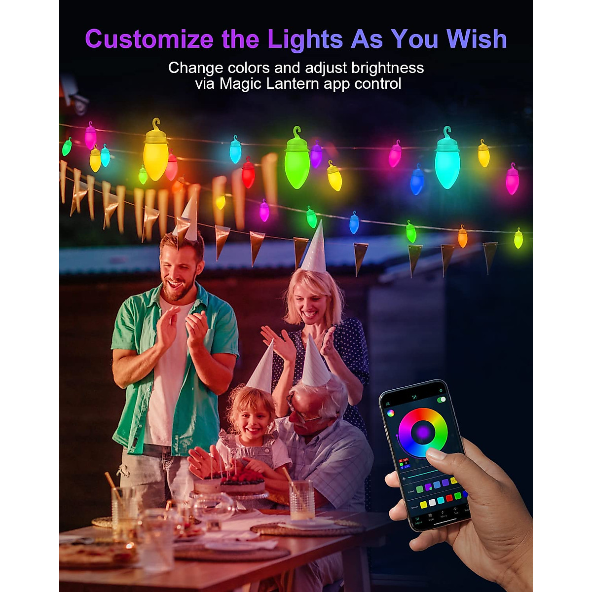 JIMIMORO Smart Outdoor String Lights - 48FT RGB Patio Lights with 20 Dimmable IP65 Waterproof Warm White LED Bulbs APP & Remote Control Patio String Lights for Outside Balcony Backyard Party Cafe B