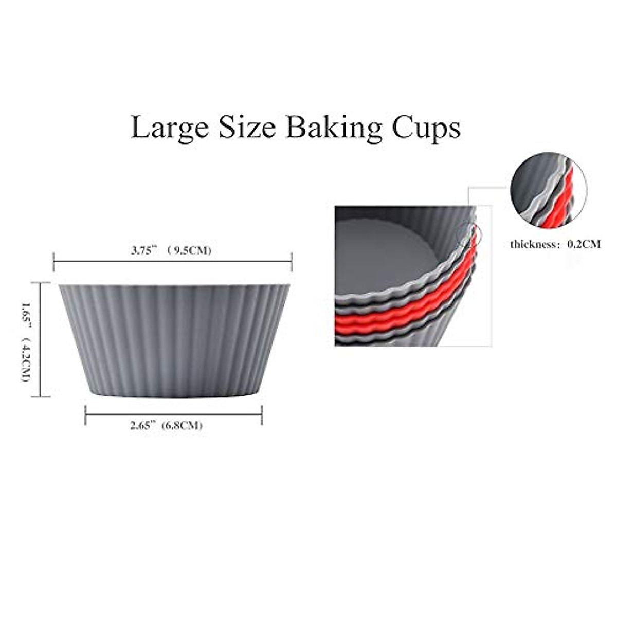 Mirenlife 12 Pack Reusable Nonstick Jumbo Silicone Baking Cups, Cupcake and Muffin Liners, 3.8 Inch Large Size, Red and Gray Colors, Round