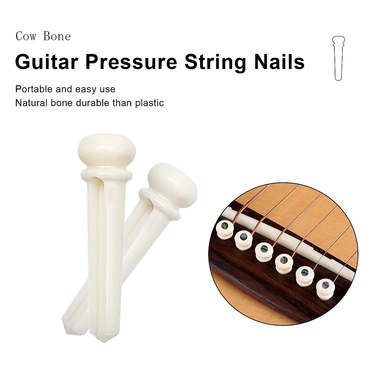 SAPHUE 6 String Acoustic Guitar White Bone Bridge Saddle and Nut & 6 Guitar Bridge Pins Made of Real Bone whith 1 Guitar Pins Puller, for Acoustic Folk Guitar