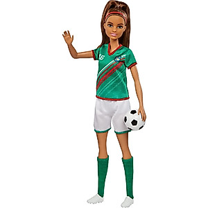 Barbie Soccer Fashion Doll with Brunette Ponytail, Colorful #16 Uniform, Cleats & Tall Socks, Soccer Ball 11.5 inches