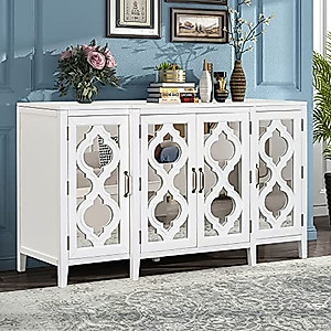 60'' Retro Mirrored Console Table Sideboard with 4 Cabinets and 3 Adjustable Shelves, Large Storage Cabinet Free Stand Kitchen Buffet Server Cabinet for Entryway/Living Room/Dining Room (White-59.8'')