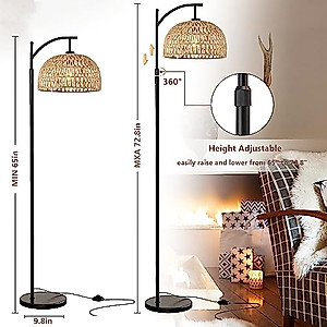 QIYIZM Floor Lamp for Living Room Bedroom Farmhouse Rattan Standing Lamp with Control,Wicker Black Industrial Dimmable Floor Light Rustic Adjustable Tall Lamp,Boho Bamboo Lamp Shade Floor Lamps