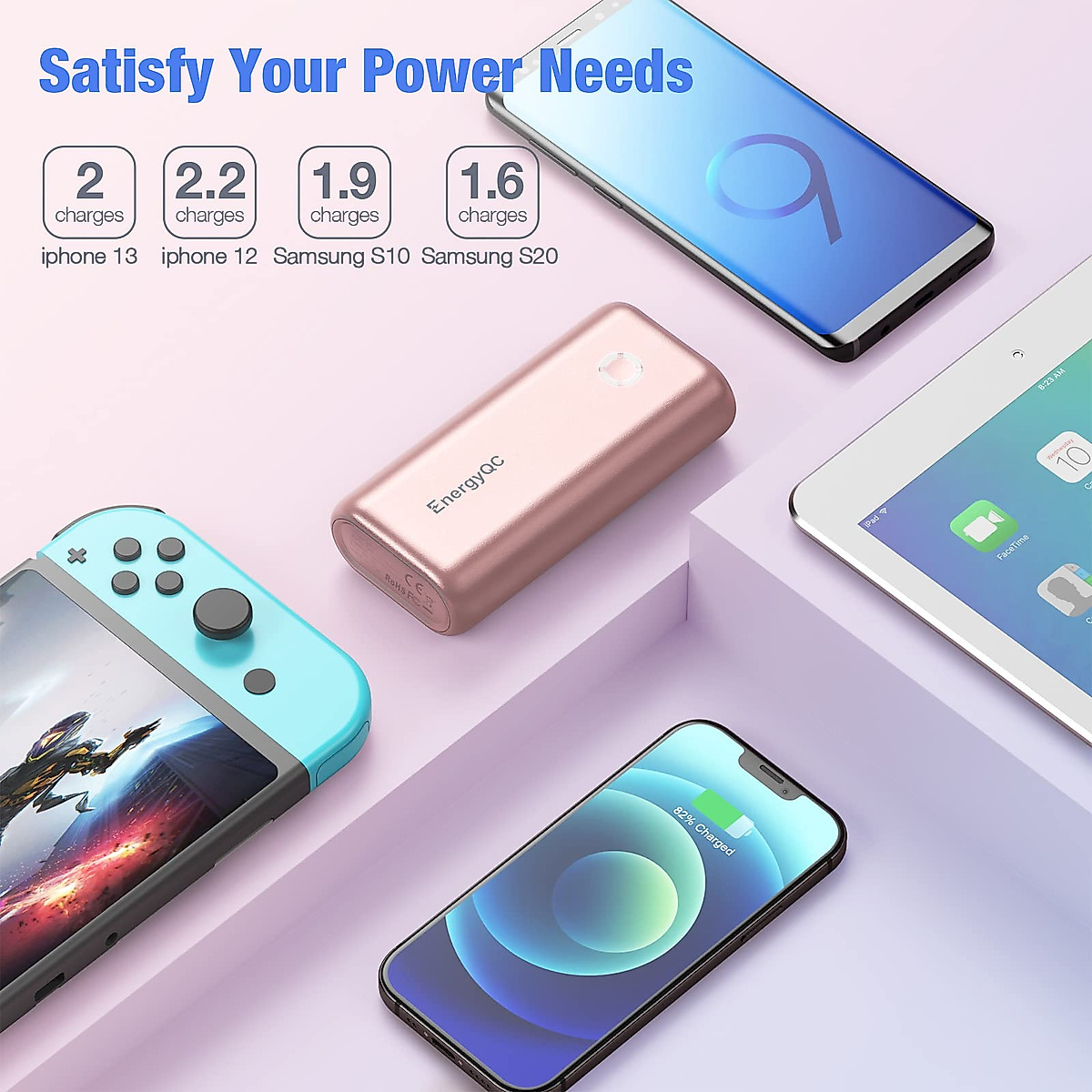 EnergyQC Portable Charger, 10000mAh Portable Phone Power Bank External Battery Pack Compatible with iPhone 13/12/11/X Samsung S10 Google LG iPad and More-Rose Gold