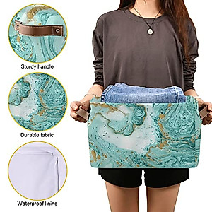 xigua Teal Turquoise Marble Storage Basket Large Collapsible Rectangle Storage Bin Toys Clothes Organizer for Closet Shelf Nursery Bedroom Home Decor