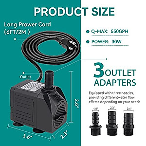 FREESEA Aquarium Submersible Fountain Pump: 30W 550GPH Adjustable Quiet Water Pumps with 7.2ft High Lift for Small Pond | Waterfall | Outdoor | Statuary | Hydroponic (550GPH)