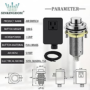 SINKINGDOM SinkTop Air Switch Kit (Long Full Brass Button) for Garbage Disposal, Cordless Brushed Nickel