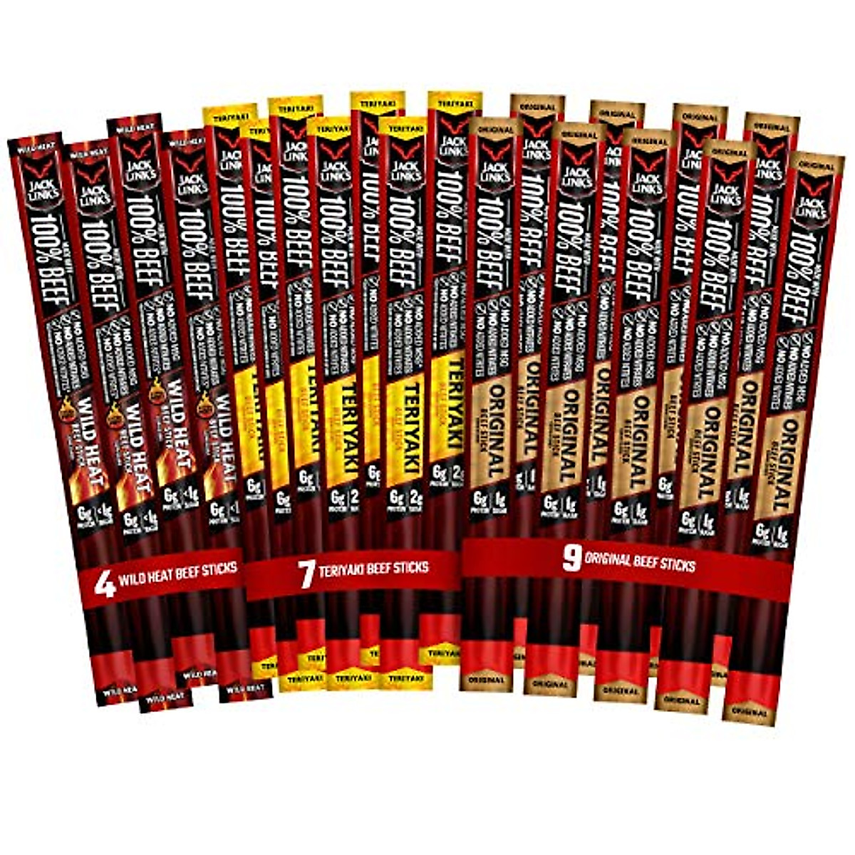 Jack Link's Beef Sticks - Includes (9) Original, (7) Teriyaki, (4) Wild Heat‚ Protein Snack, No Added MSG – 0.92 Oz. (20 Count)