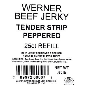 Werner Tender Strips Peppered Beef Jerky - Pack of 25 Jerky Strips - Made in the USA