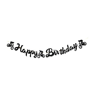 Paity Black Bicycle Happy Birthday Banner Bike Sports Theme Garland for Boy Baby Shower Party Decors Sport Charms Bachelorette Pre-strung (Black)