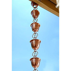 Monarch Rain Chains 26558 Pure Copper Hammered Cup Rain Chain Replacement Downspout for Gutters, 8-1/2 Feet Length