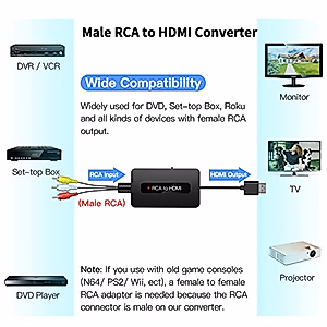 Male RCA to HDMI Cable Converter with HDMI and RCA Cables, CVBS Composite AV to HDMI Converter, RCA in HDMI Out Adapter, Full HD 720P/ 1080P Output Switch for DVD, STB, Roku with Female RCA Output