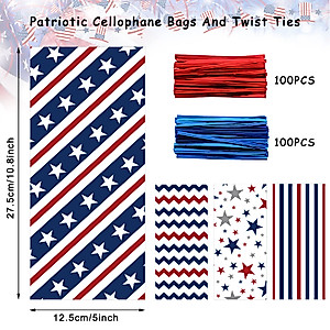 Whaline 160Pcs Patriotic Cellophane Treat Bags Star Wave Stripe Clear Plastic Candy Treat Cello Bags Boys Birthday Party Goodie Gift Bags with Twist Ties for Veterans Memorial Day Party