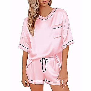 SWOMOG Womens Short Sleeve Satin Pajama Set Silk Pjs Lounge Set V Neck Two Piece Loungewear Sets Cute Cozy Sleepwear Rose Pink