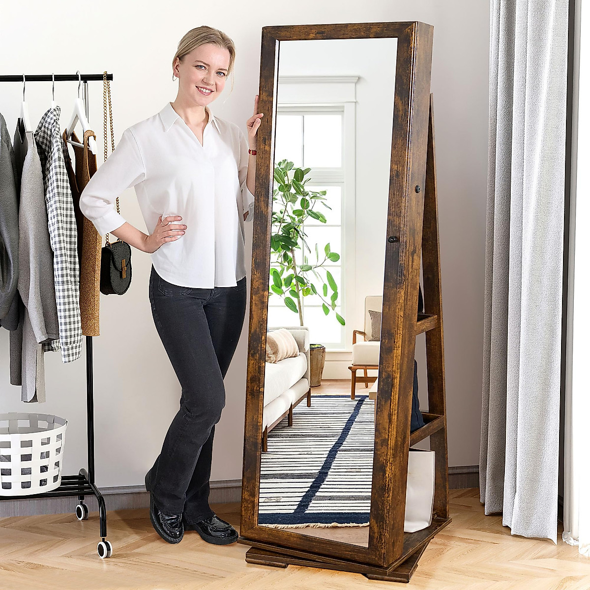 sogesfurniture Lockable Floor Standing Wooden Jewelry Armoire with Full Length Mirror 360°Rotatable Jewelry Organizer Cabinet Lockable with Storage Shelf, Rustic Brown,BHUS-QH-7021C-FG