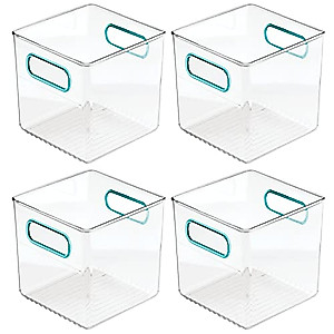 mDesign Plastic Kitchen Pantry Cabinet, Refrigerator or Freezer Food Storage Bins with Handles - Organizer for Fruit, Yogurt, Snacks, Pasta - Food Safe, BPA Free, 6" Cube, 4 Pack - Clear/Blue