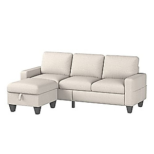 Beige Sectional Sofa Couch L Shaped Couchs with Ottoman Convertible 3 Seat Sofas for Living Room Small Space Apartment, Ottoman with Storage Space