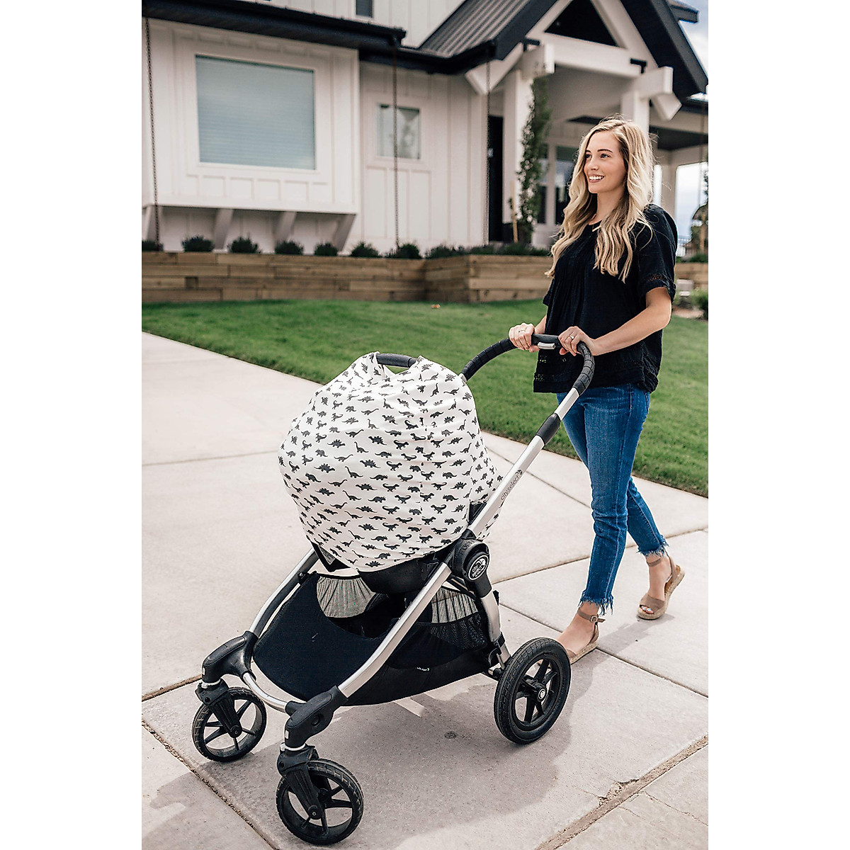 Baby Car Seat Cover Canopy and Nursing Cover Multi-Use Stretchy 5 in 1 Gift Dinos "Wild" by Copper Pearl