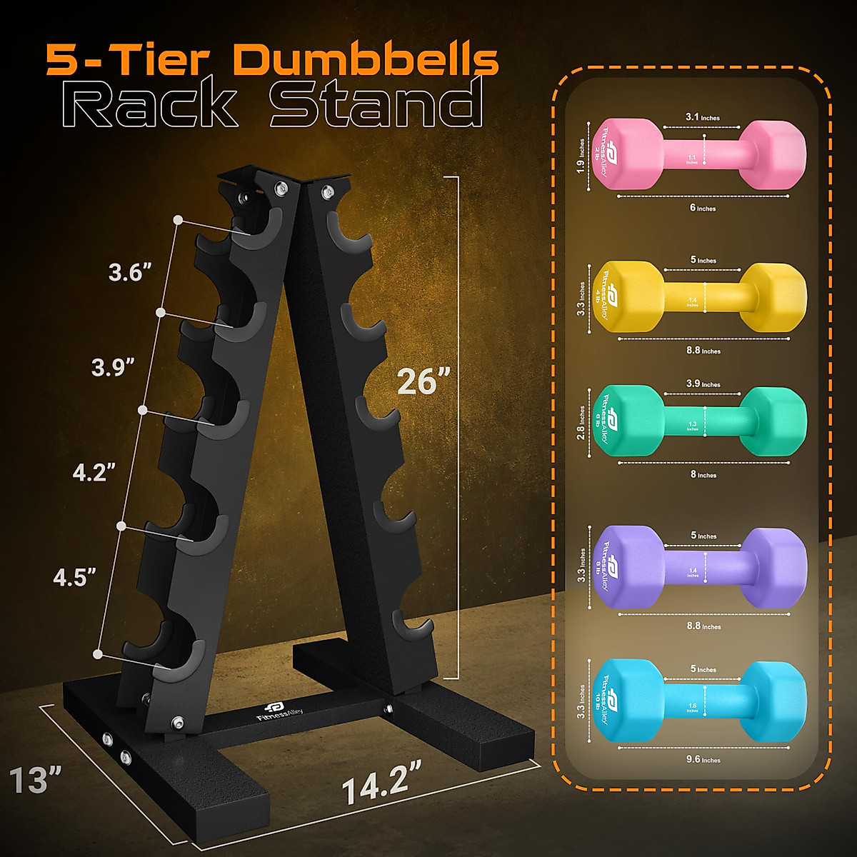 Fitness Alley Neoprene Dumbbell 5 Tier Rack & 5 Pairs Set (2,4,6,8,10 Lbs) Coated for Non Slip Grip - Hex Dumbbells Weight Set - Neoprene Hand Weight Pairs - Hex Hand Weights Neoprene Dumbbells Combo