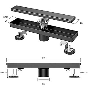 Dilvii 24 Inch Linear Shower Drain Tile Insert Matte Black, Stainless Steel Rectangle Floor Drain with Reversible Cover, Hair Catcher, Adjustable Feet