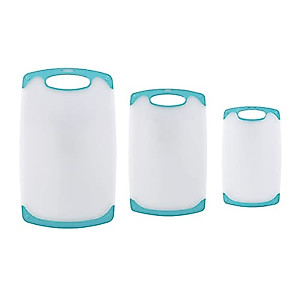 Farberware Non Slip Plastic Cutting Board Set with Juice Grooves, Set Of 3, White and Aqua