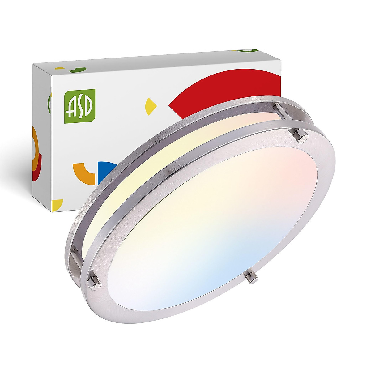 ASD LED 12 Inch Round Flush Mount Light Fixture | 20W 1600LM 3000K-5000K 100-277V | 3CCT, Dimmable, Energy Star, ETL Listed | Close to Ceiling Double Ring Lamp, Low Profile Lighting | Nickel