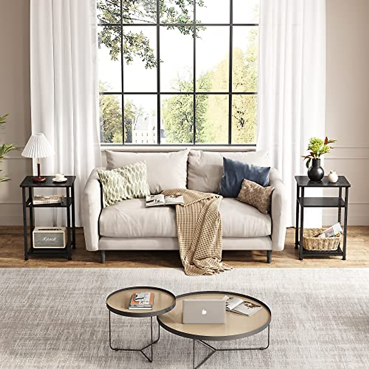 WLIVE Side Table, Small End Table, Adjustable 3-Tier Bedside Table with Sturdy Metal Frame, Tall Nightstand for Bedroom, Living Room, Sofa Table for Small Space (Black, 1 Pack)