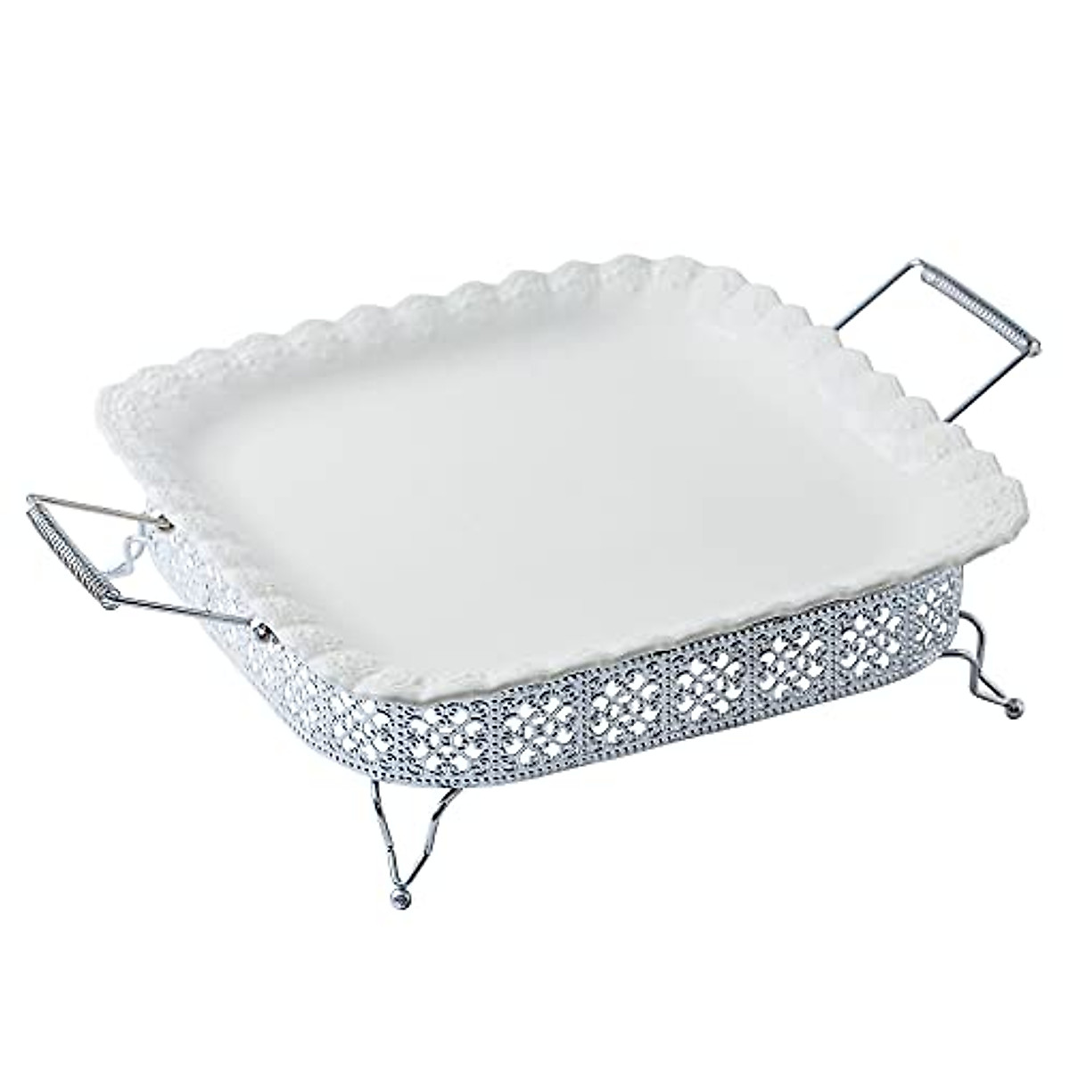 KASSEL Elegant Ceramic Serving Platter with Stand | Square Serving Trays for Entertaining Parties, Catering, and Buffet | Oven Safe Serving Tray and Dessert Display Decor Stand (Large)