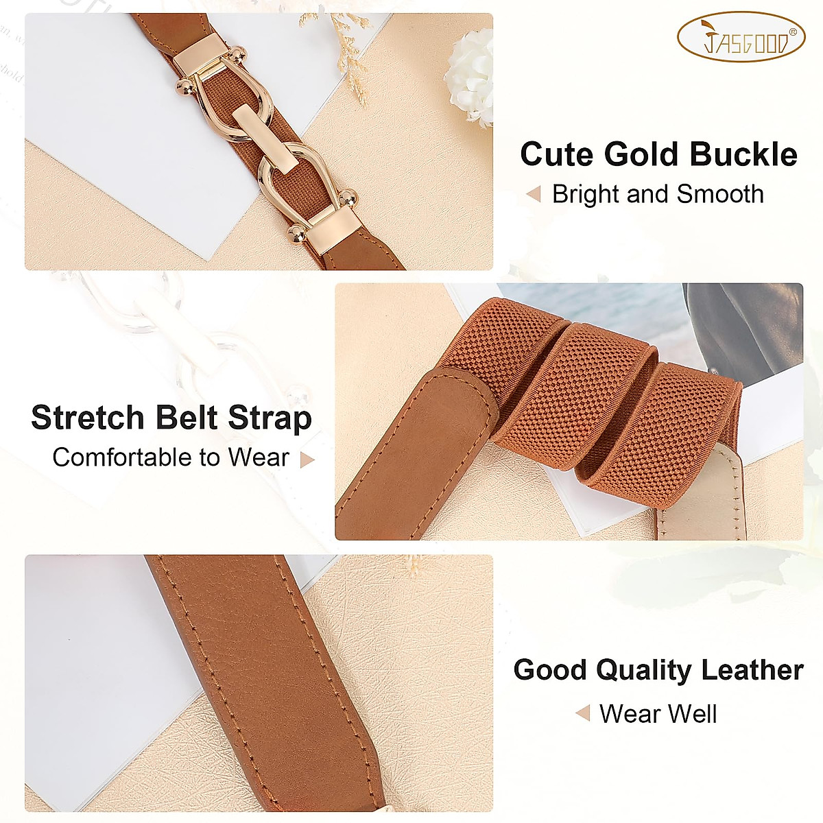 JASGOOD 3 Pack Women Stretchy Waist Belt Retro Elastic Skinny Belt for Ladies with Gold Buckle