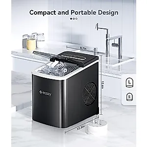 ecozy Portable Ice Maker Countertop, 9 Cubes Ready in 6 Mins, 26 lbs in 24 Hours, Self-Cleaning, Includes Ice Bags/Scoop/Basket for Home Kitchen Office Bar Party, Black