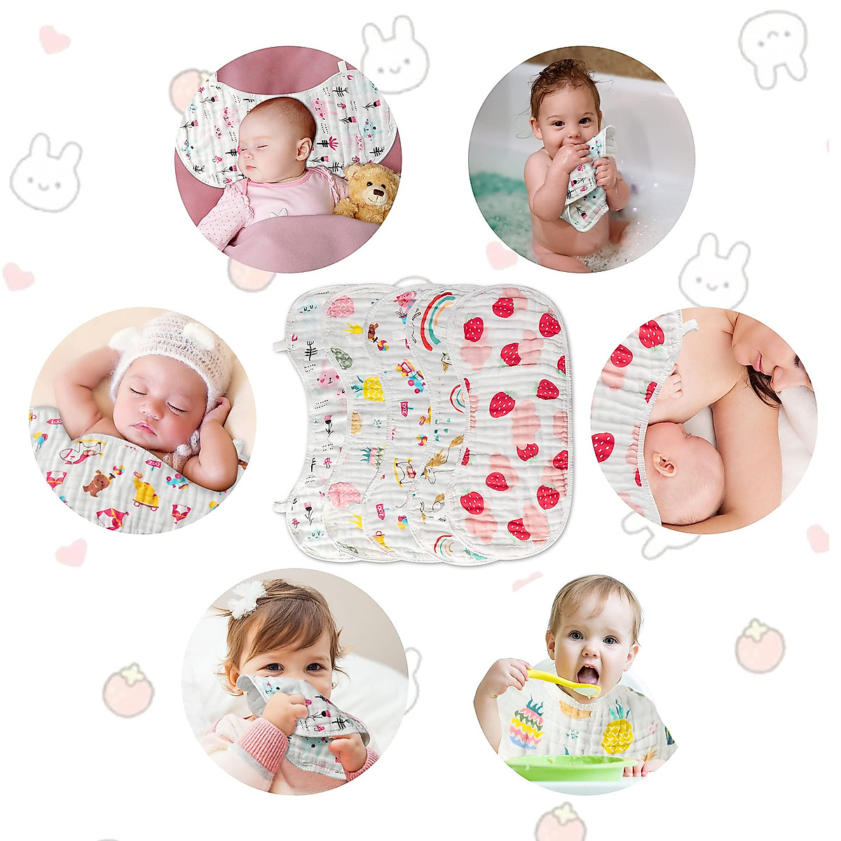 GROBRO7 5Pcs Baby Muslin Burp Cloths Pineapple Burping Bids for Baby Cotton 6 Layers Extra Absorbent Machine Washable Soft Large Cartoon Face Towels Nursery Gift Gentle for Newborn Girls 7x18.5inch