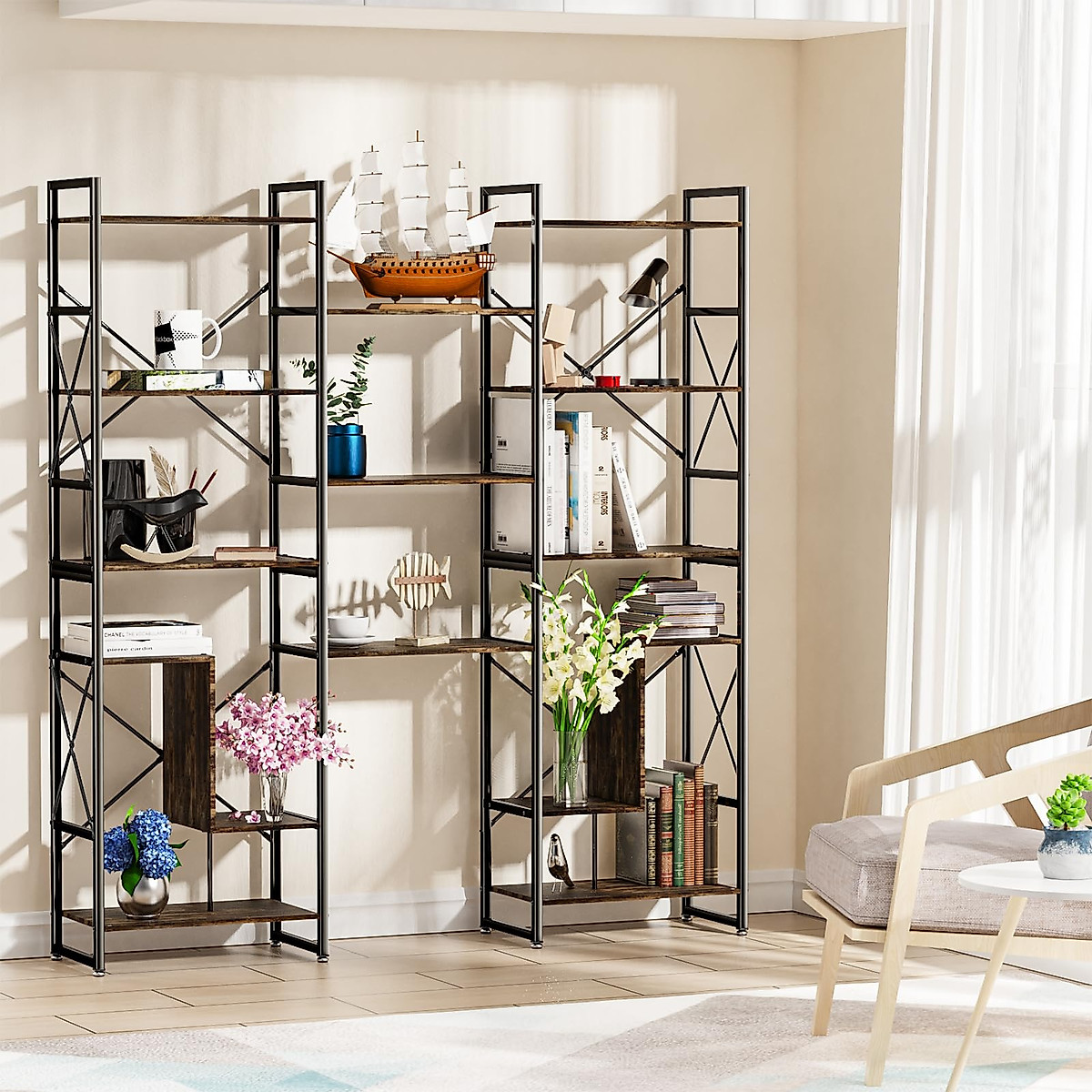 KIDSU Large Bookshelf,Industrial Bookacse with 15 Open Display Shelves,Triple Wide 5 Tier Wood and Metal Bookshelf,Modern Grey Bookshelve for Living Room,Office,Bedroom (Rustic Brown)