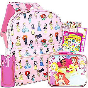 Disney Princess Backpack with Lunch Box for Girls Kids - 16" Princess Backpack, Disney Princess Lunch Box, Water Pouch, Stickers, More | Disney Princess Backpack and Lunch Box Set