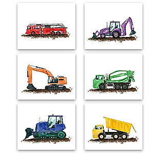 YIMEHDAN Watercolor Truck Wall Art Print- Playroom or Nursery Boy Bedroom Decor-Colorful Cartoon Construction Car Canvas Print (Set of 6)-Unframed-8X10 inch