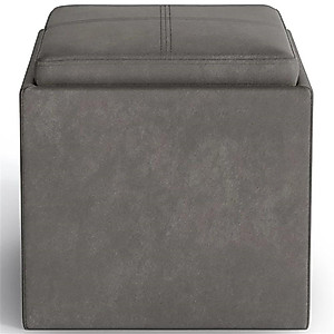SIMPLIHOME Rockwood 18 inch Wide Contemporary Square Cube Storage Ottoman with Tray in Distressed Slate Grey Vegan Faux Leather, Assembled, for the Living Room, Entryway and Family Room